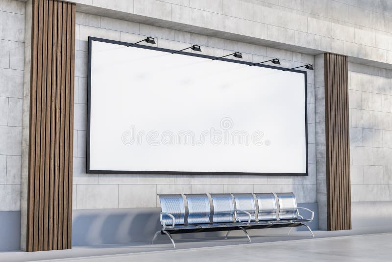 Empty White Billboard Frame on Building Exterior with Seats and ...