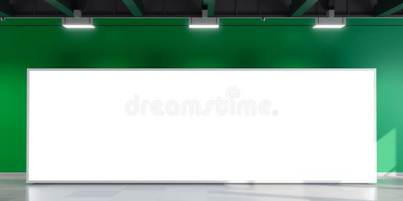 Empty White Billboard in Front of a Green Wall with Ceiling Lights in a ...