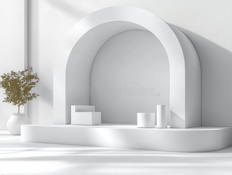 Empty White Booth Display with Multiple Pedestals. Modern Minimalist ...