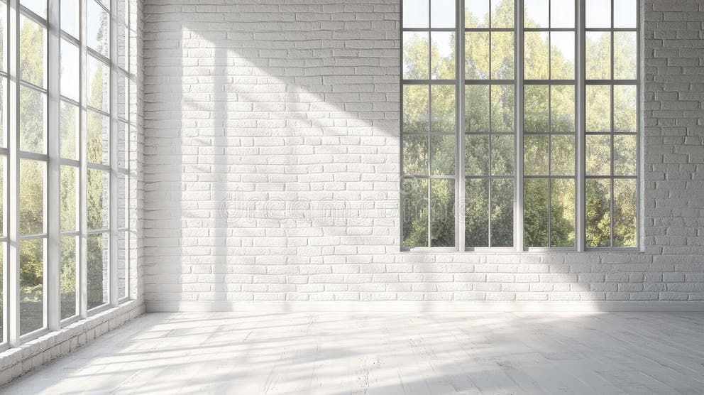 Empty White Brick Wall Interior with Tall Windows, Mock Up, Beautiful ...
