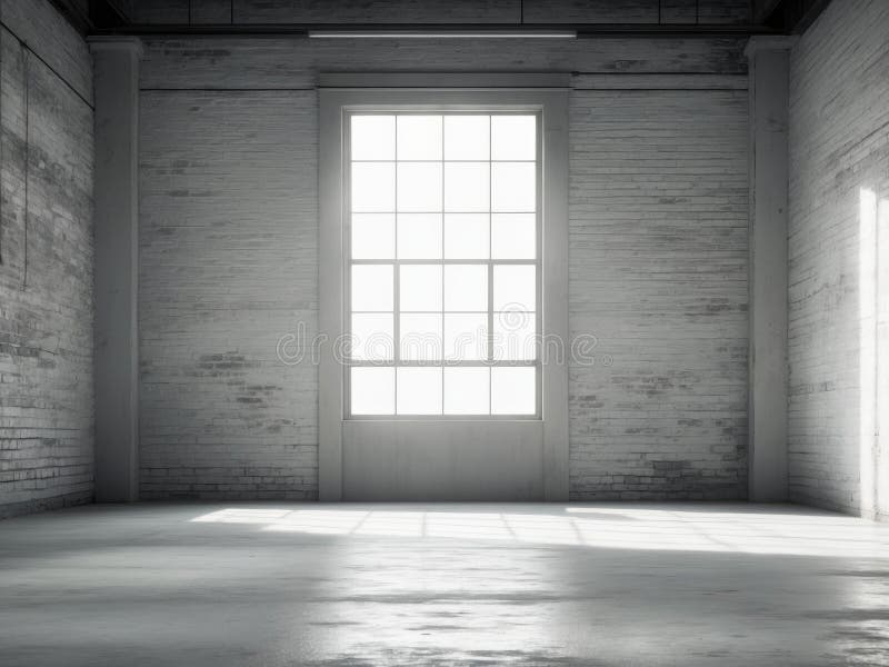 Empty White Brick Warehouse Interior with Window and Concrete Floor ...