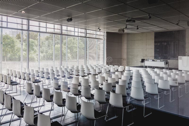 Empty White Chairs in Contemporary Conference Hall Stock Image - Image ...