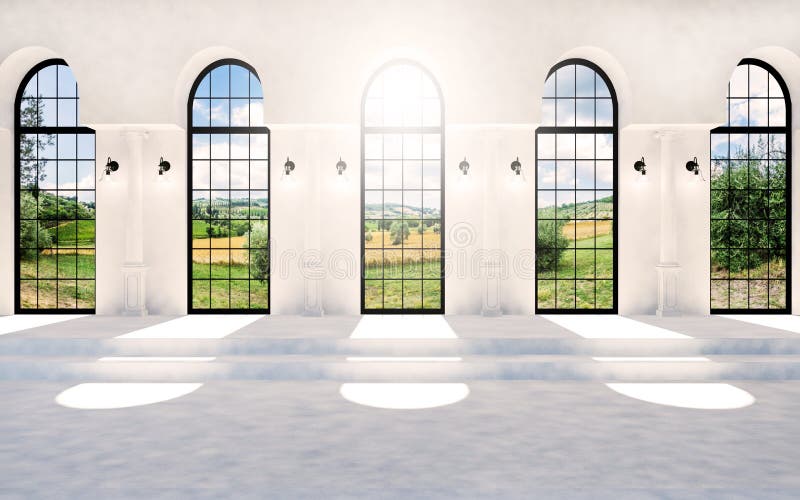 Empty White Classic Hall with Arch Windows and Sun Ray Stock Photo ...