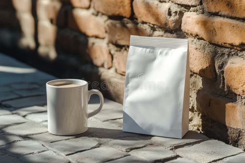 Empty White Coffee Bag Mockup with Mug on Rustic Stone Surface Stock ...