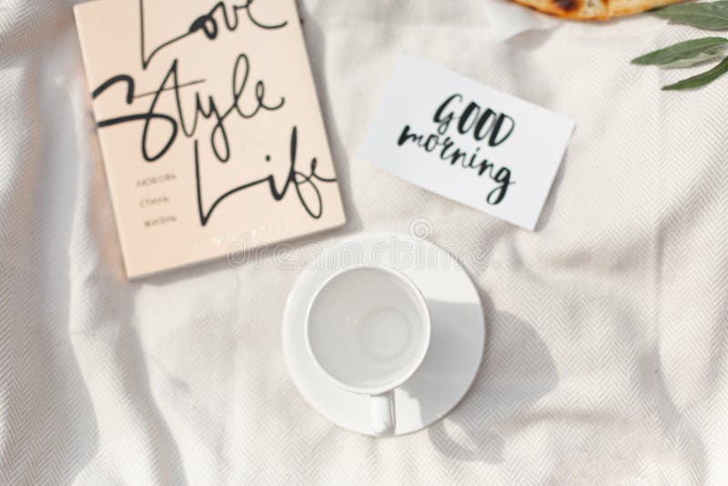 Empty White Coffee Cup Next To a Good Morning Sign Stock Image - Image ...