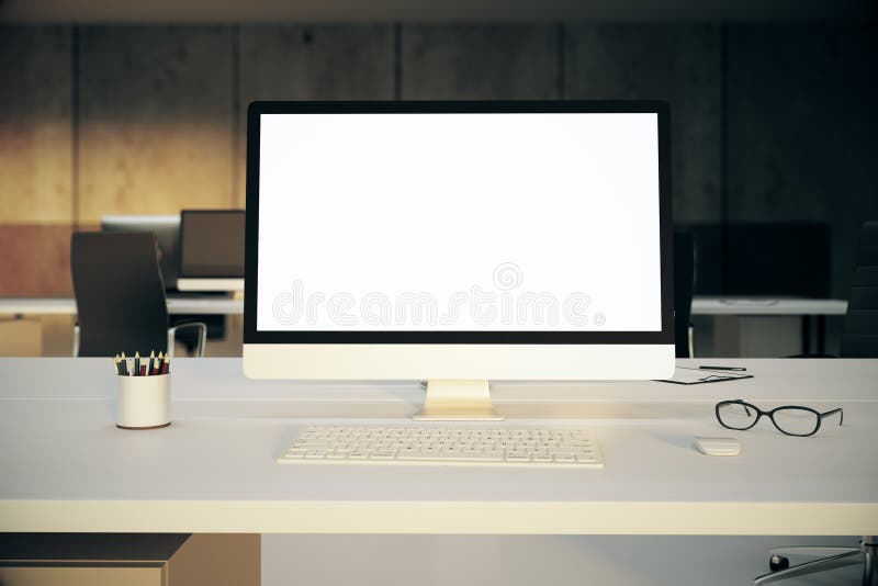 Empty White Computer on Office Table Stock Illustration - Illustration ...