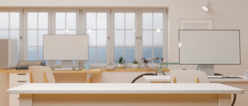 Empty White Counter in Office Room with Computer and Supplies in the ...