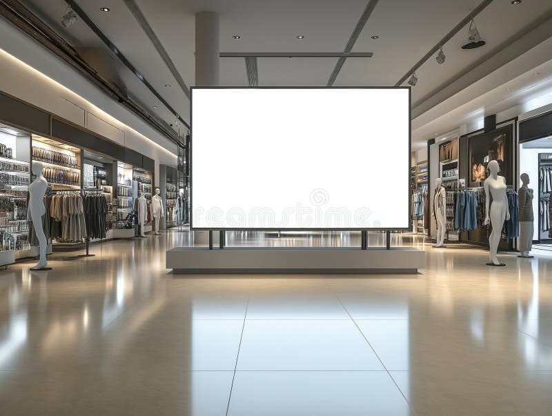 Empty White Display Screen in Modern Department Store Interior. Blank ...