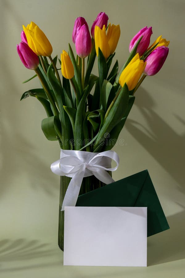 Empty White Envelope Mock Up Template Multicolored Fresh Tulips in Vase ...