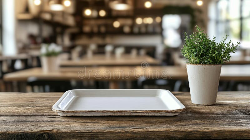 Empty White Food Tray on Rustic Table in Cafeteria Setting with Copy ...