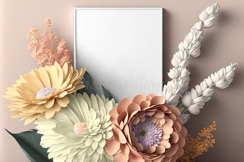 Empty White Frame with Beautiful Flowers. Mockup Template. Generative ...