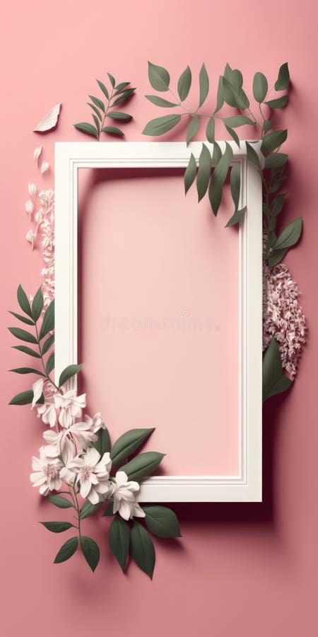 Empty White Frame on Pink Background with Flowers and Leaves on the ...