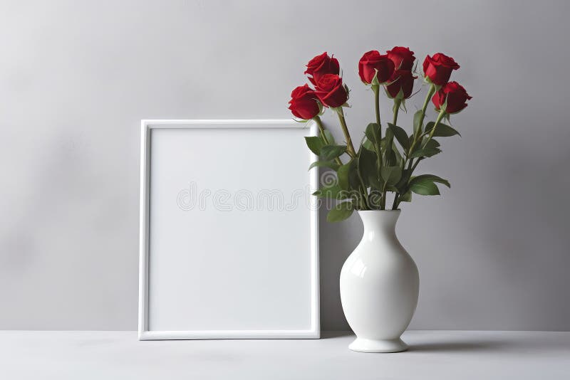 Empty White Frame with Red Roses in Vase Next To it on White Background ...