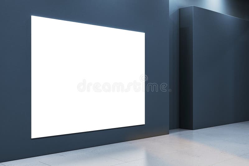 An Empty White Framed Poster on a Dark Blue Gallery Wall with a Clean ...