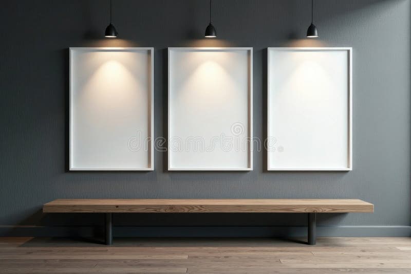 Empty White Frames on Dark Grey Walls, Spotlight on Bench , Interior ...