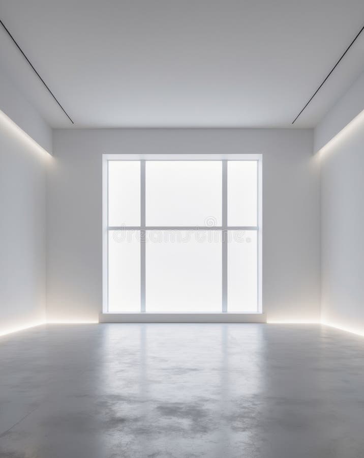 Empty White Gallery Room with Large Window and Recessed Lighting. Stock Image - Image of white ...