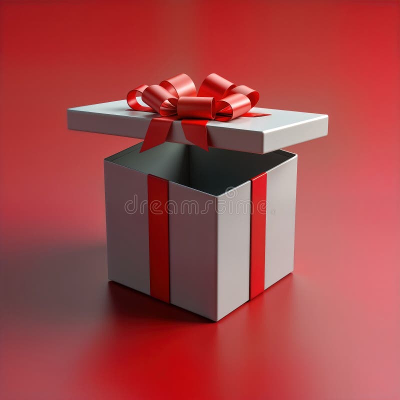 Empty White Gift Box with Red Ribbon, Bow Sits Open on Red Background ...