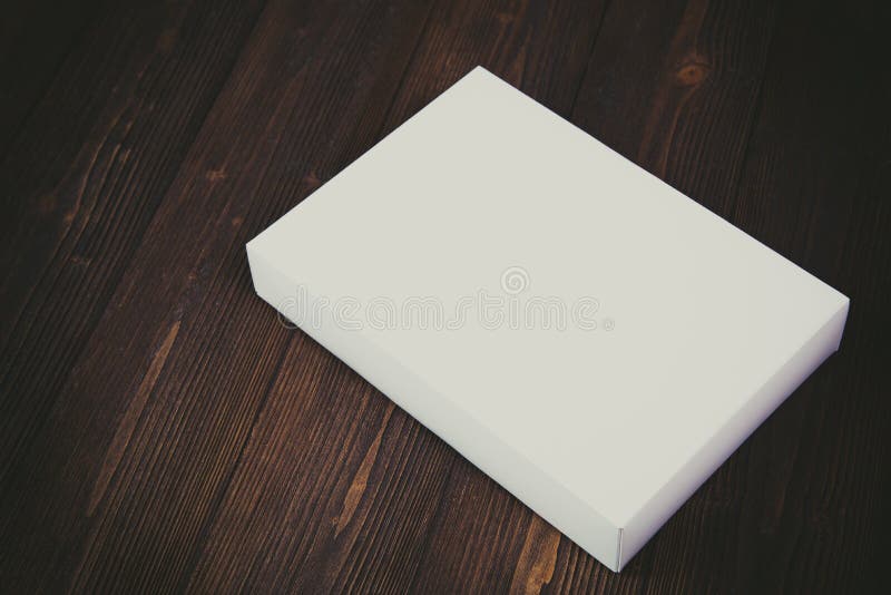 Empty White Gift Box or Tray for Mock Up on Dark Wooden Table with Copy ...