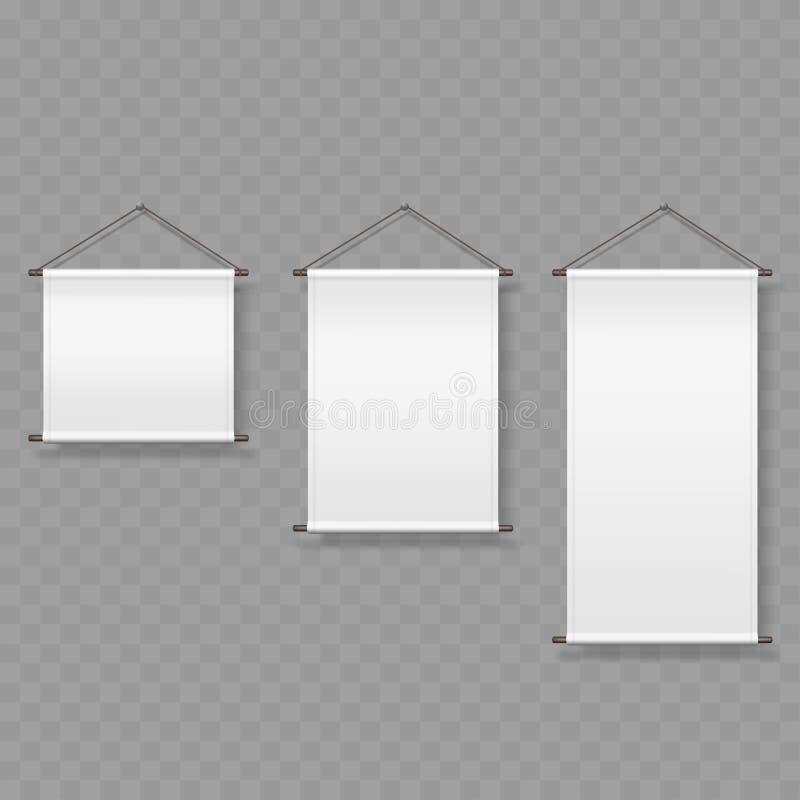 Empty White Hanging Banner Flags with Wooden Rods Wall Mockup. Vector ...