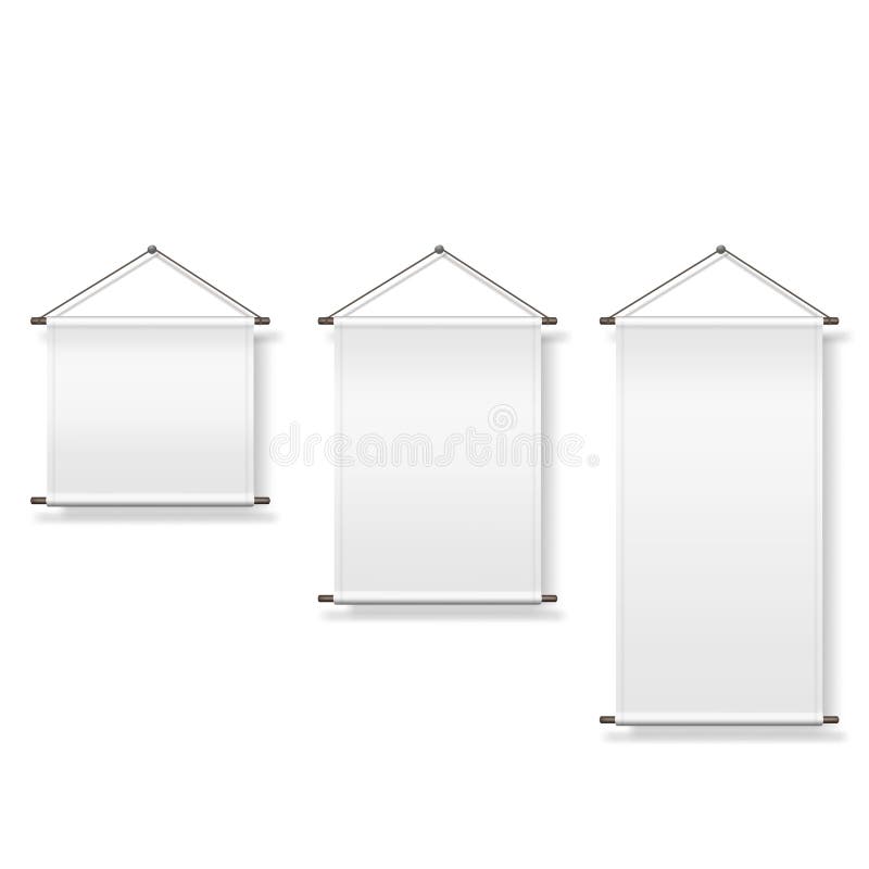 Empty White Hanging Banner Flags with Wooden Rods Wall Mockup. Vector ...