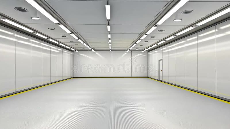 Empty White Industrial Room with Bright Fluorescent Lighting and Yellow ...