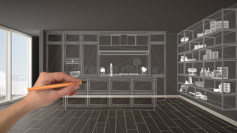 Empty White Interior with Parquet Floor and Big Panoramic Window, Hand ...