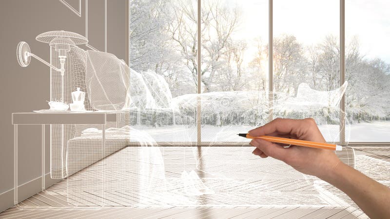 Empty White Interior with Parquet Floor and Big Panoramic Window, Hand ...