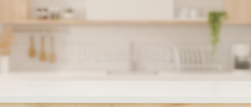 Empty White Kitchen Tabletop Against Blurred Kitchen Space in the ...
