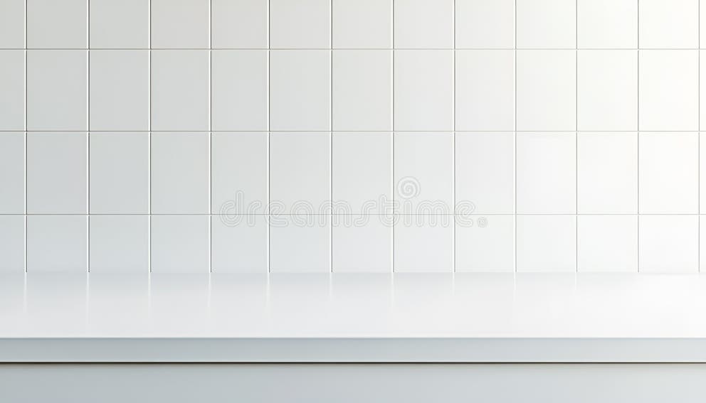 Empty White Laminated Surface Over Blurred Square Ceramic Tile Wall ...