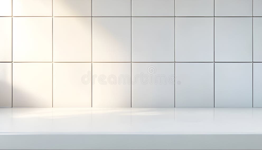 Empty White Laminated Surface Over Blurred Square Ceramic Tile Wall ...