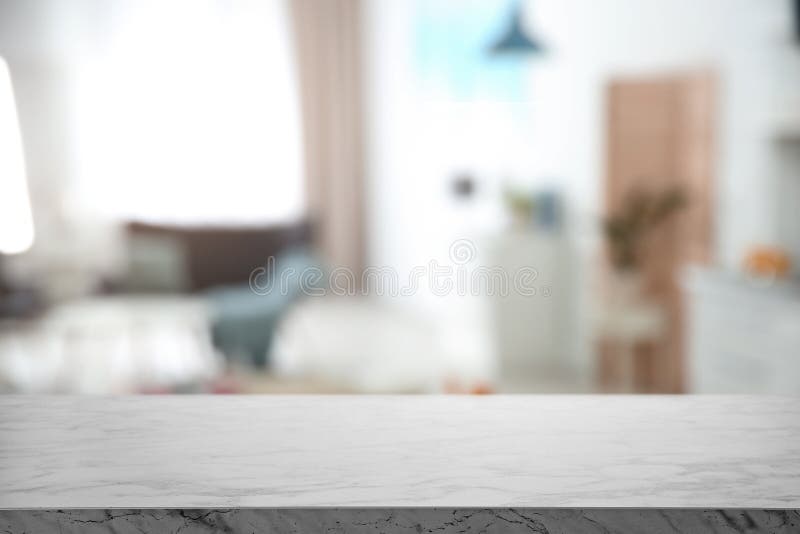 Empty White Marble Table in Modern Kitchen Stock Image - Image of ...