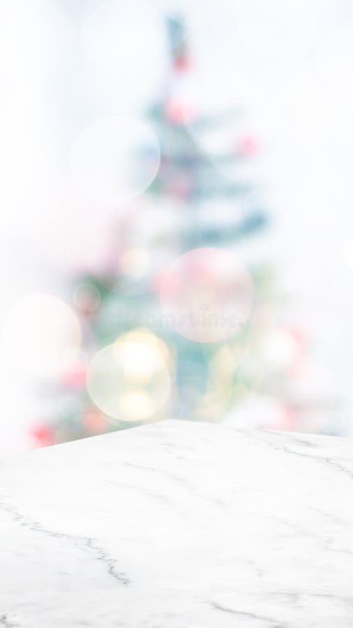Empty White Marble Table Top with Abstract Christmas Tree Decor String ...