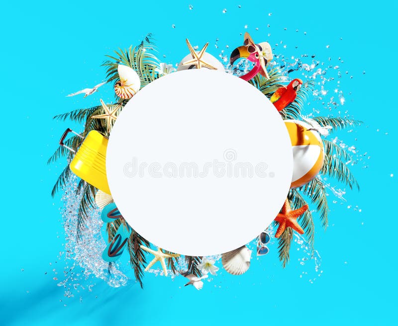 Empty White Mock Up Circle with Beach and Travel Accessory on Turquoise ...