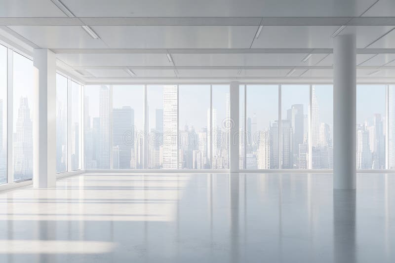 An Empty White Office Interior with Workspaces and a Glass Room with a ...