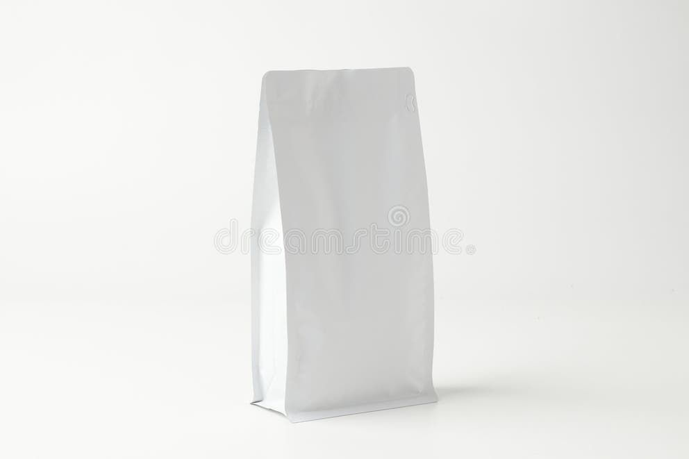 Empty White Packaging Bag Standing Upright on a Plain Background for ...