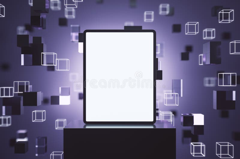 Empty White Pad on Creative Digital Cubes Background with Pedestal and ...