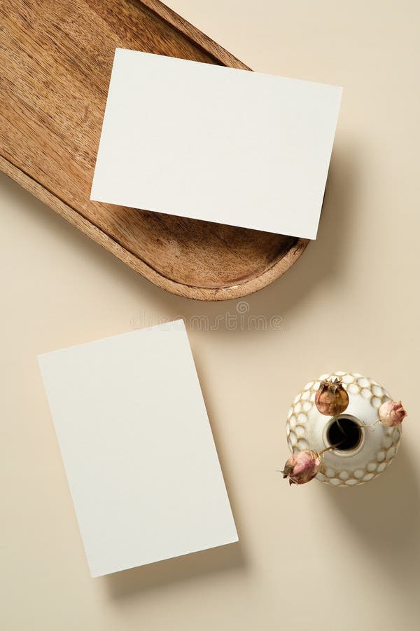Empty White Paper Notes, Wooden Tray and Dried Flowers on Beige Table ...