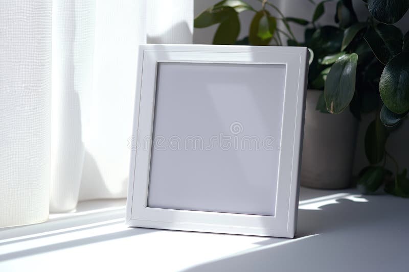 Empty White Photo Frame Stands Upright on White Surface. Sunlight ...