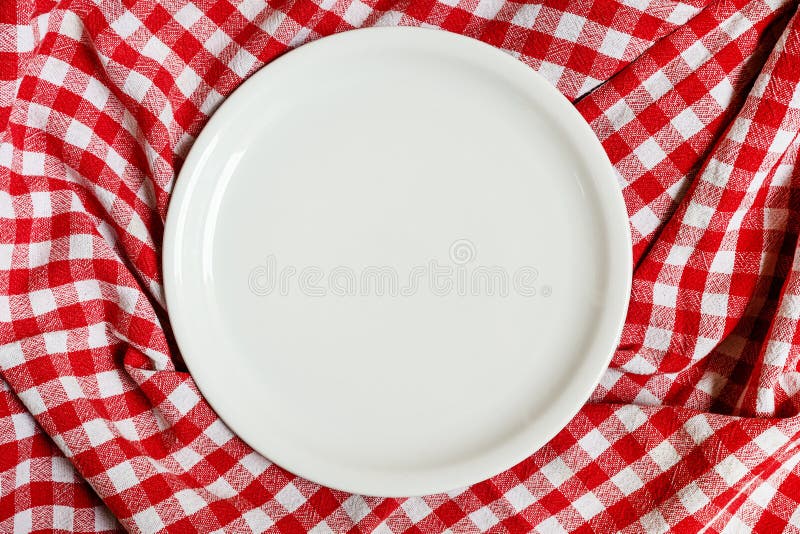 Empty White Plate on Checkered Plaid Red and White Tablecloth from ...