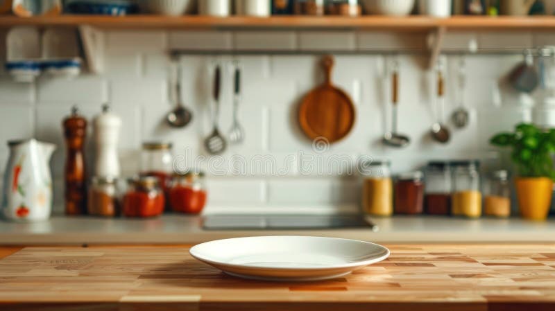 An Empty White Plate on a Counter Surrounded by Kitchen Condiments in a ...
