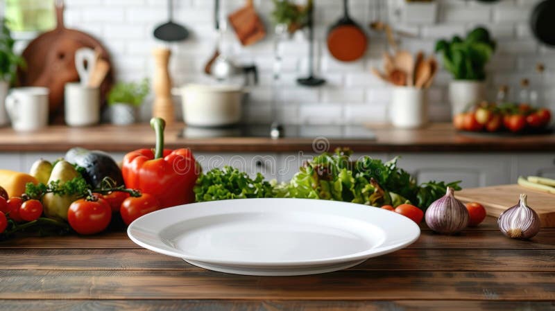 An Empty White Plate on a Counter Surrounded by Vegetables and Fruits ...