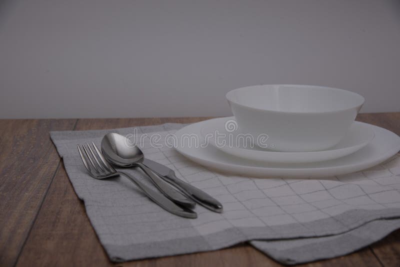 Empty White Plate and Cutlery, Table Setting on the Wooden Table, Flat ...