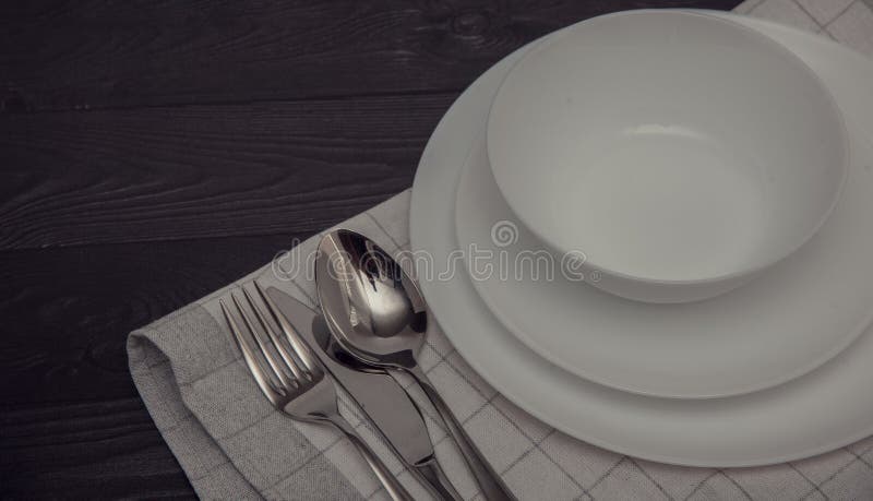 Empty White Plate and Cutlery, Table Setting on the Wooden Table, Flat ...