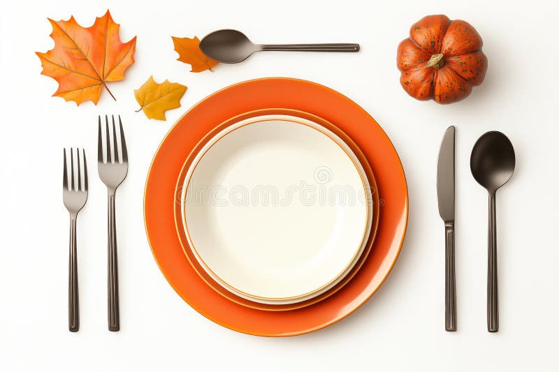 Empty Plate with Fork and Knife, Surrounded by Autumn Leaves on White ...