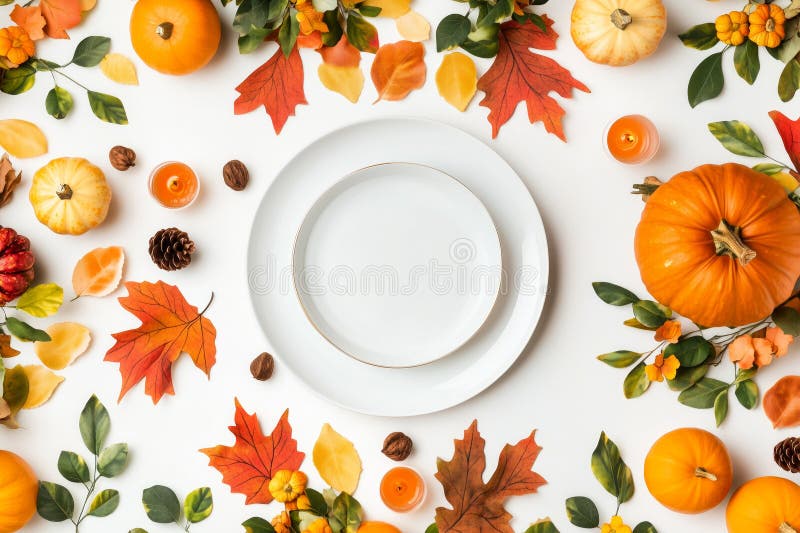 Empty White Plate with Fork and Knife, Surrounded by Pumpkins, Leaves ...
