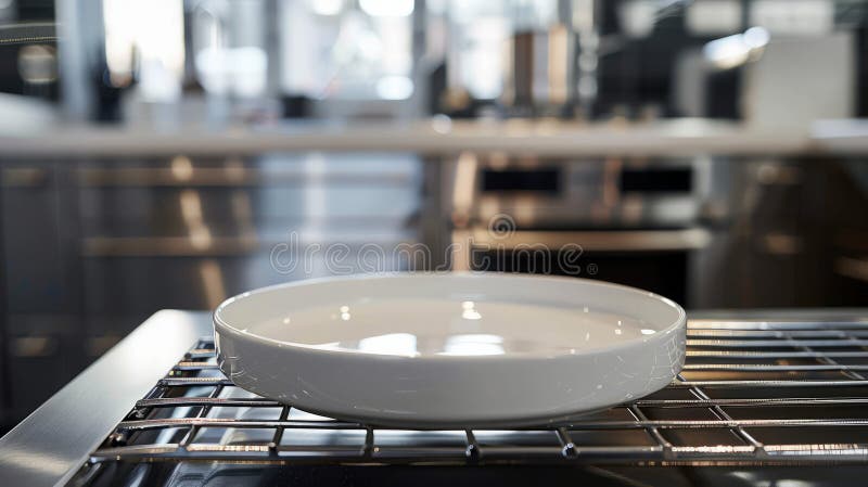 Empty White Plate on a Metal Rack in a Modern Kitchen Setting. Stock ...