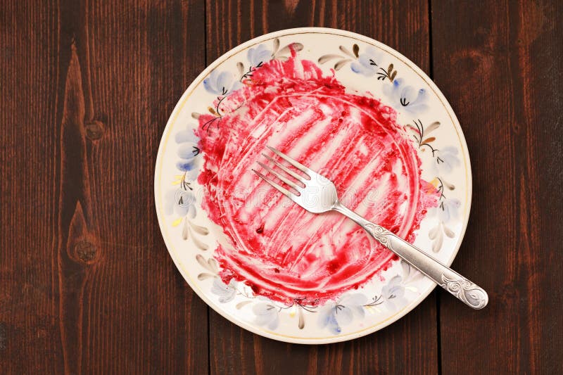 Empty White Plate with Red Stains and Fork after Berry Pie is Ea Stock ...