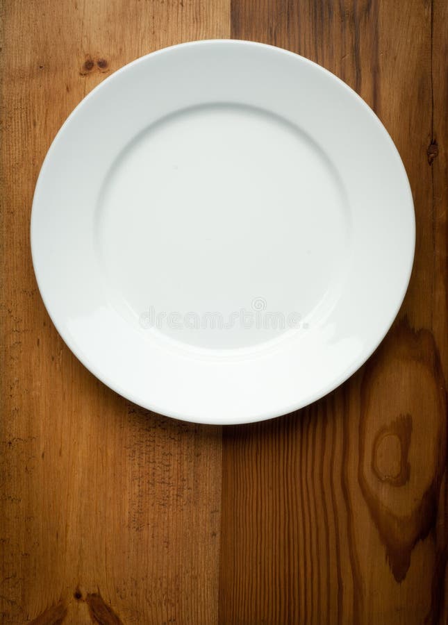 Empty White Plate on Wooden Table Stock Image - Image of crockery ...