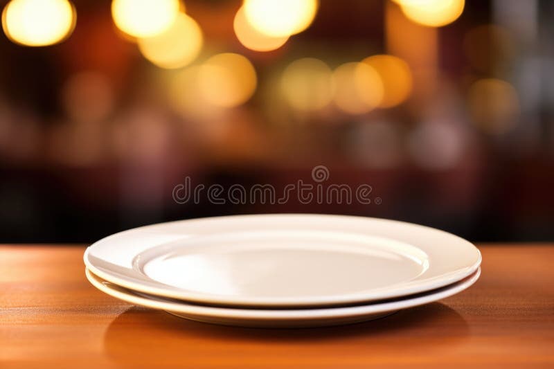 Empty White Plates on Table in Restaurant with Blurred Background, AI ...