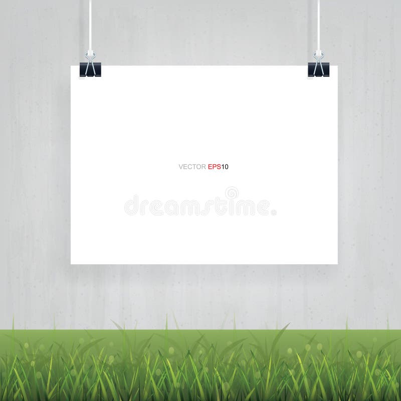 Empty White Poster Paper with Concrete Wall Texture and Green Grass for ...